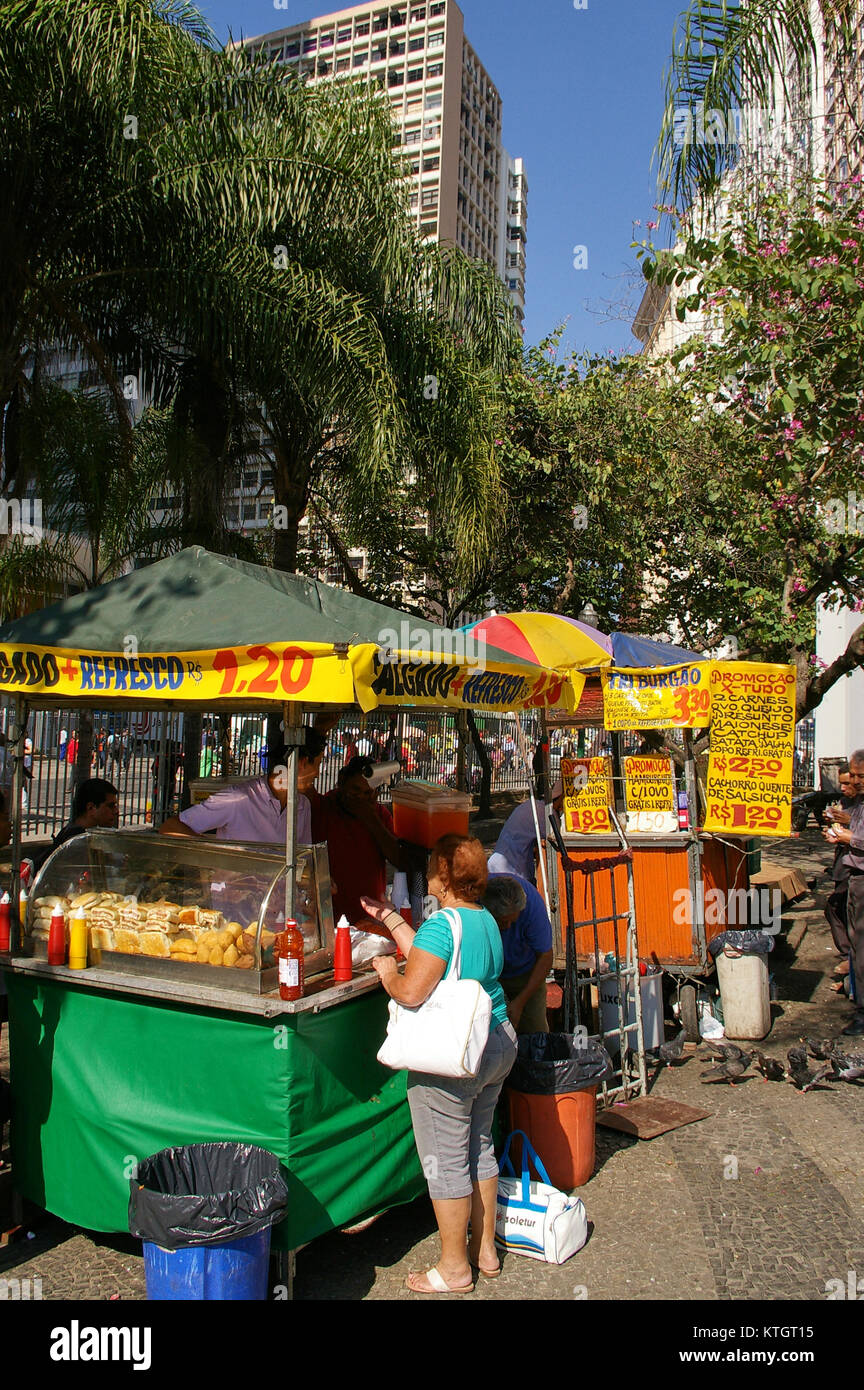 Stalls selling fresh street food on the street market in Rio de Janeiro ...
