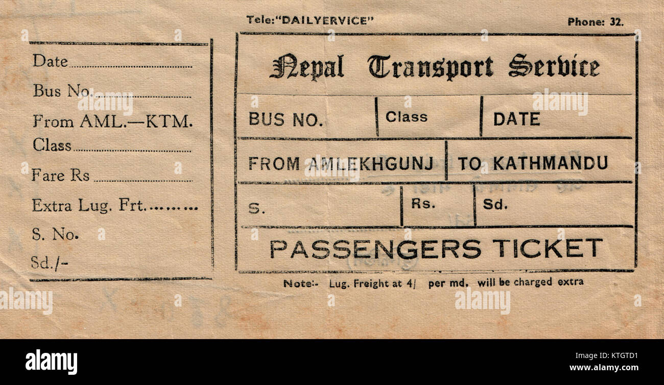 This bus ticket from Nepal Transport Service represents an example of ...