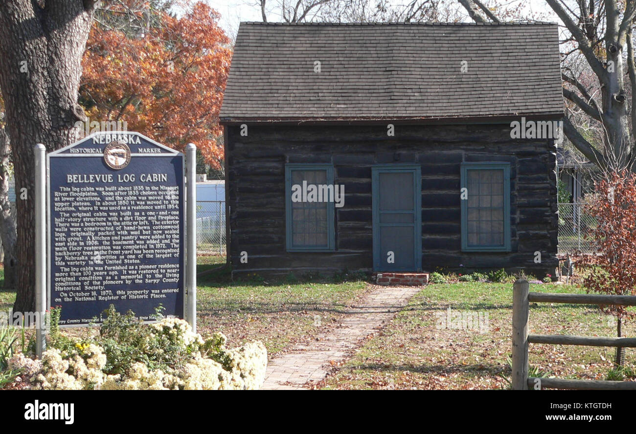 Photograph showcasing a log cabin located in Bellevue, Nebraska, viewed ...