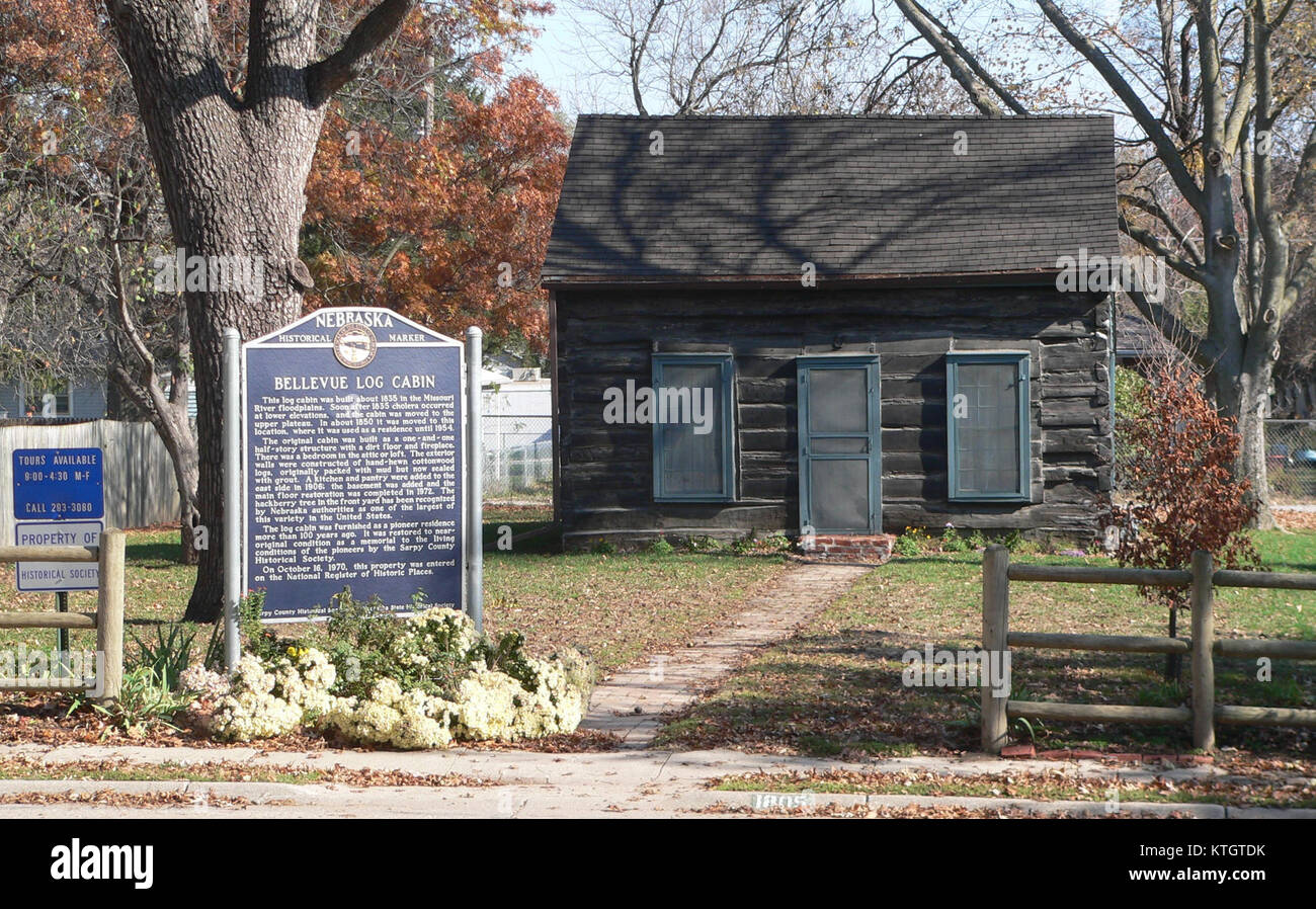 A log cabin in Bellevue, Nebraska, is a historical structure reflecting ...