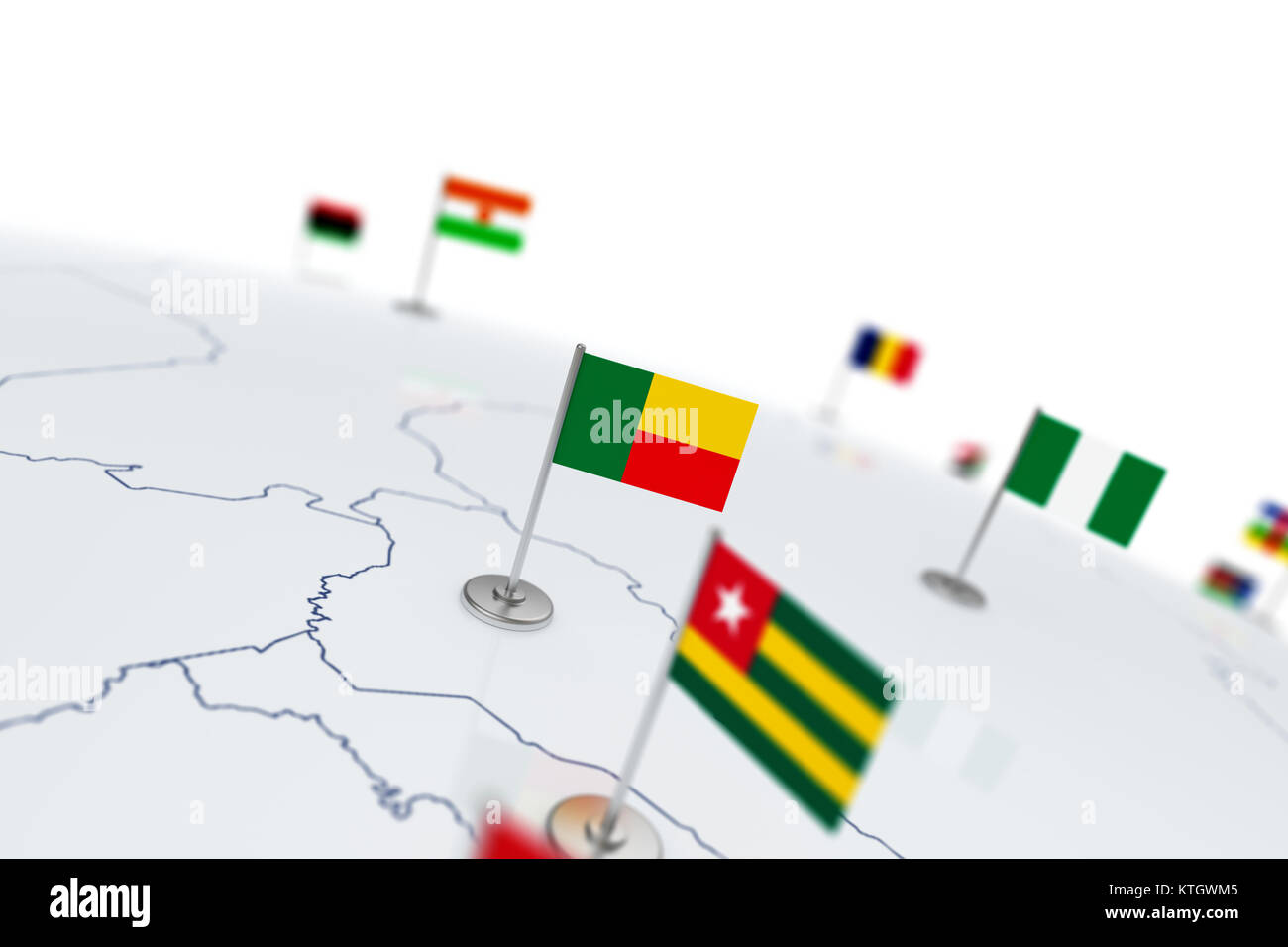 Benin flag. Country flag with chrome flagpole on the world map with ...