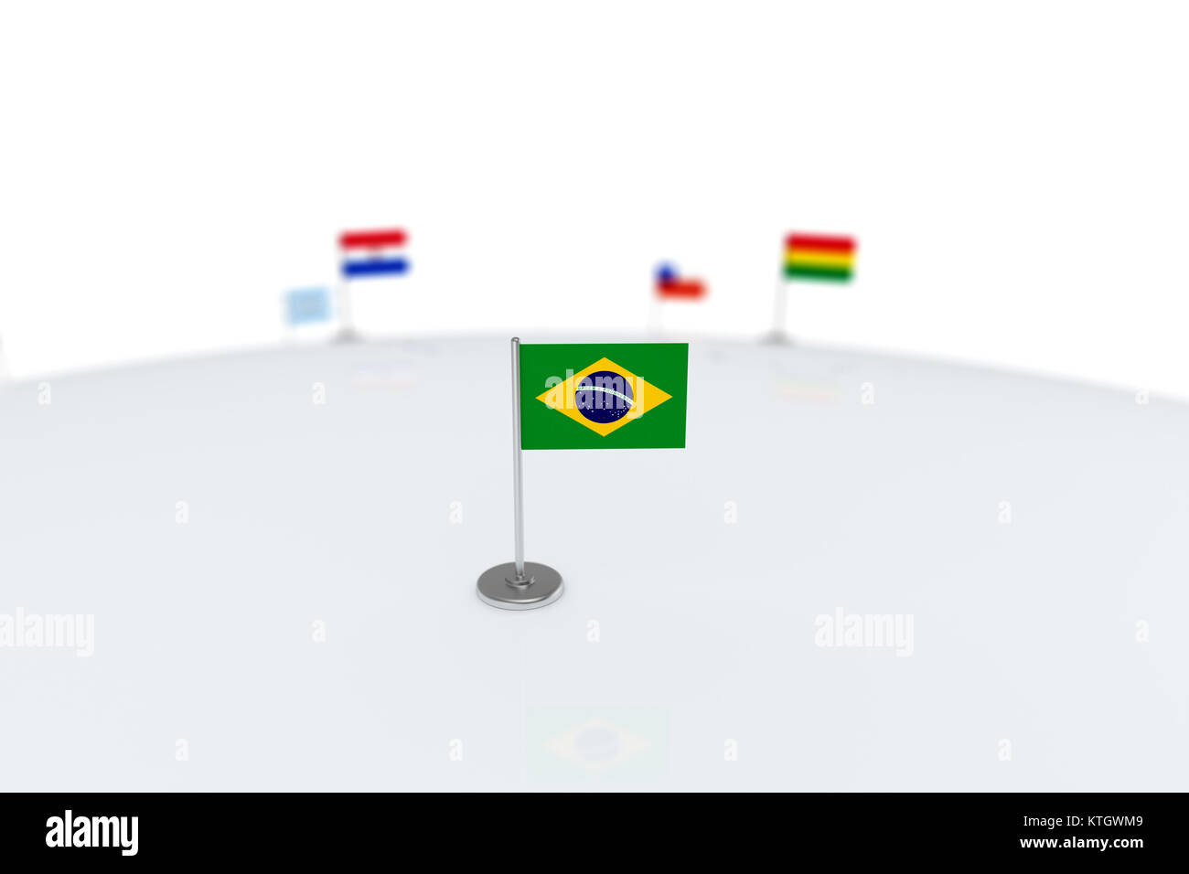 Brazil flag. Country flag with chrome flagpole on the world map with ...