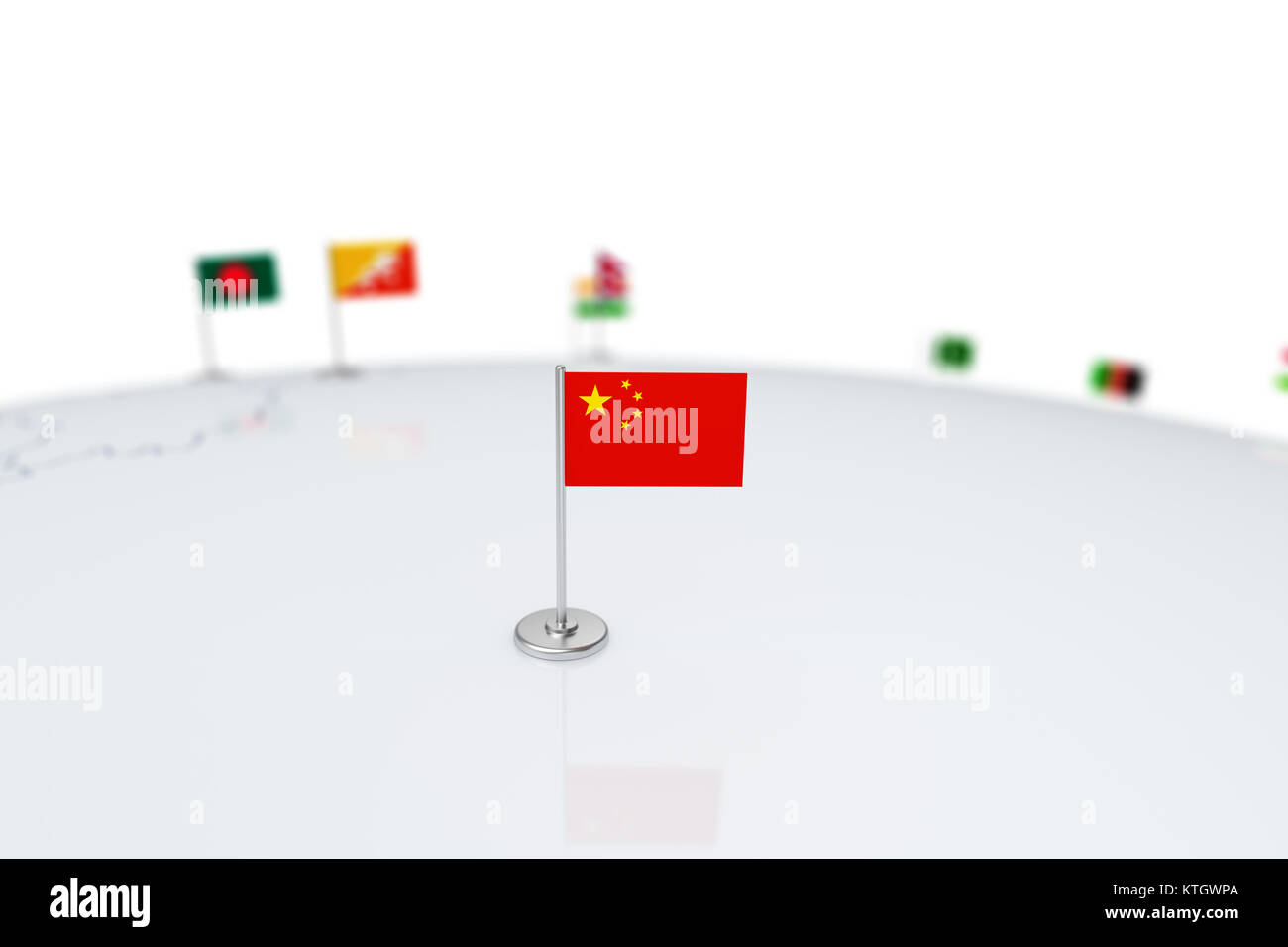 China flag. Country flag with chrome flagpole on the world map with ...