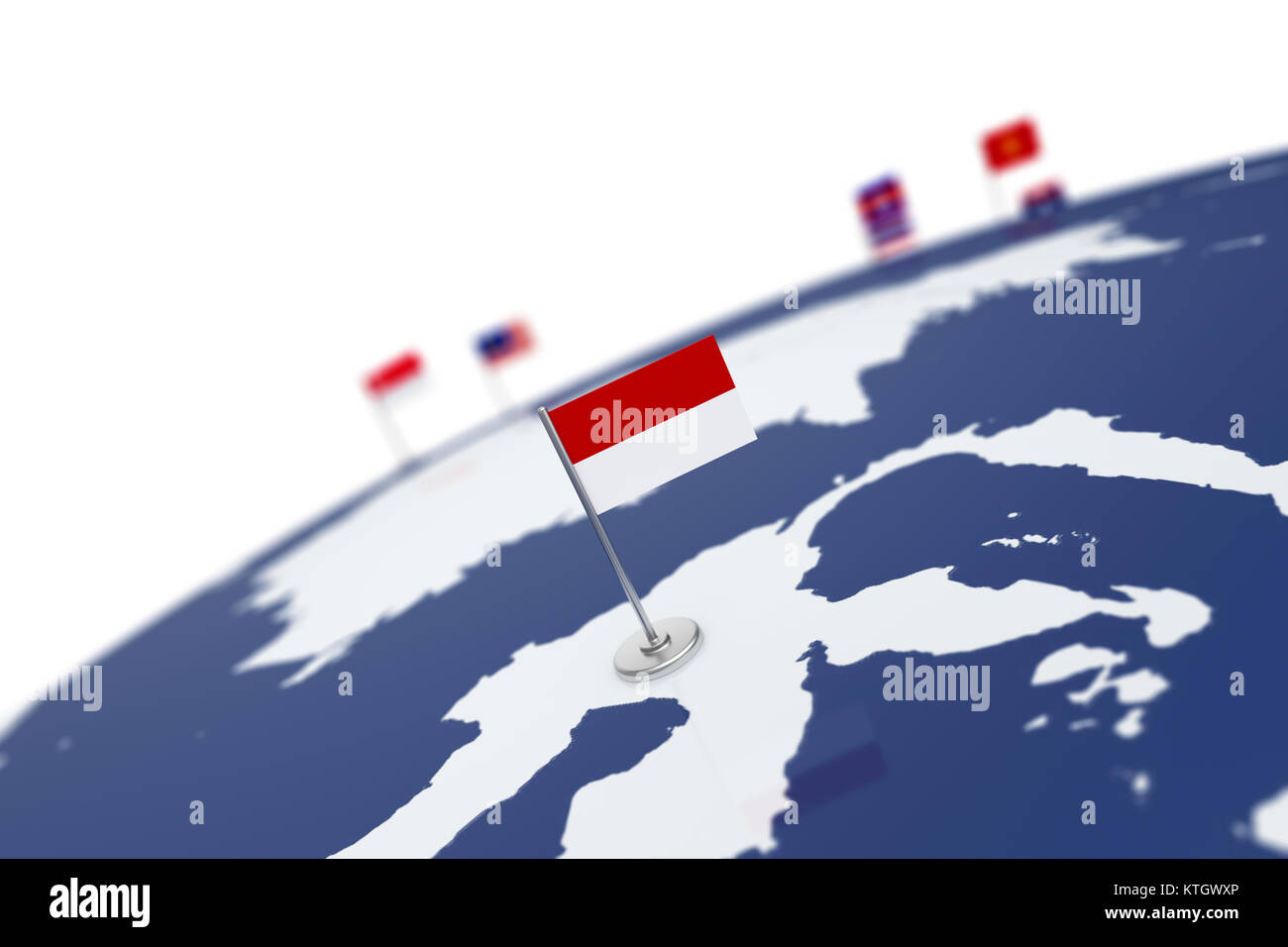 Indonesia flag. Country flag with chrome flagpole on the world map with ...