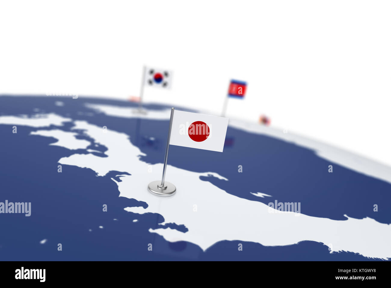 Japan flag. Country flag with chrome flagpole on the world map with neighbors countries borders ...