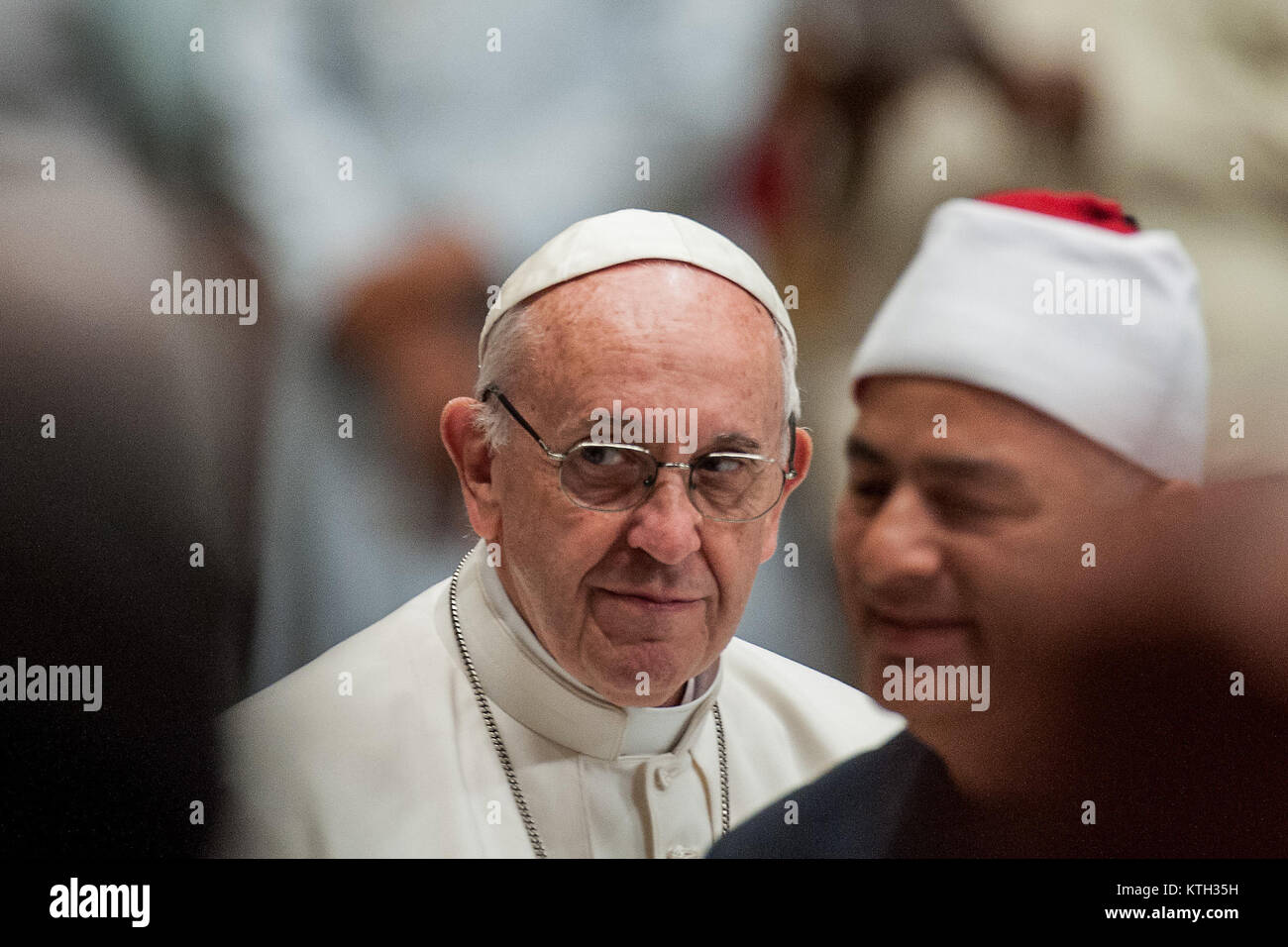 Pope Francis greets Salah Ramadan Elsayed, Imam of the Great Mosque of Rome during the ...