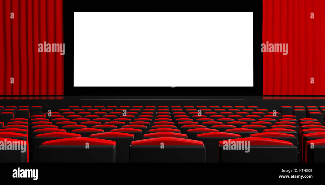 Blank cinema screen with curtains, red empty chairs, space for text. 3d ...