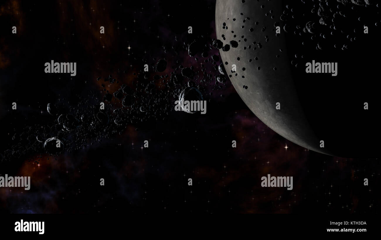 Rocks and ice particles orbiting around dead planet. Outer Space ...