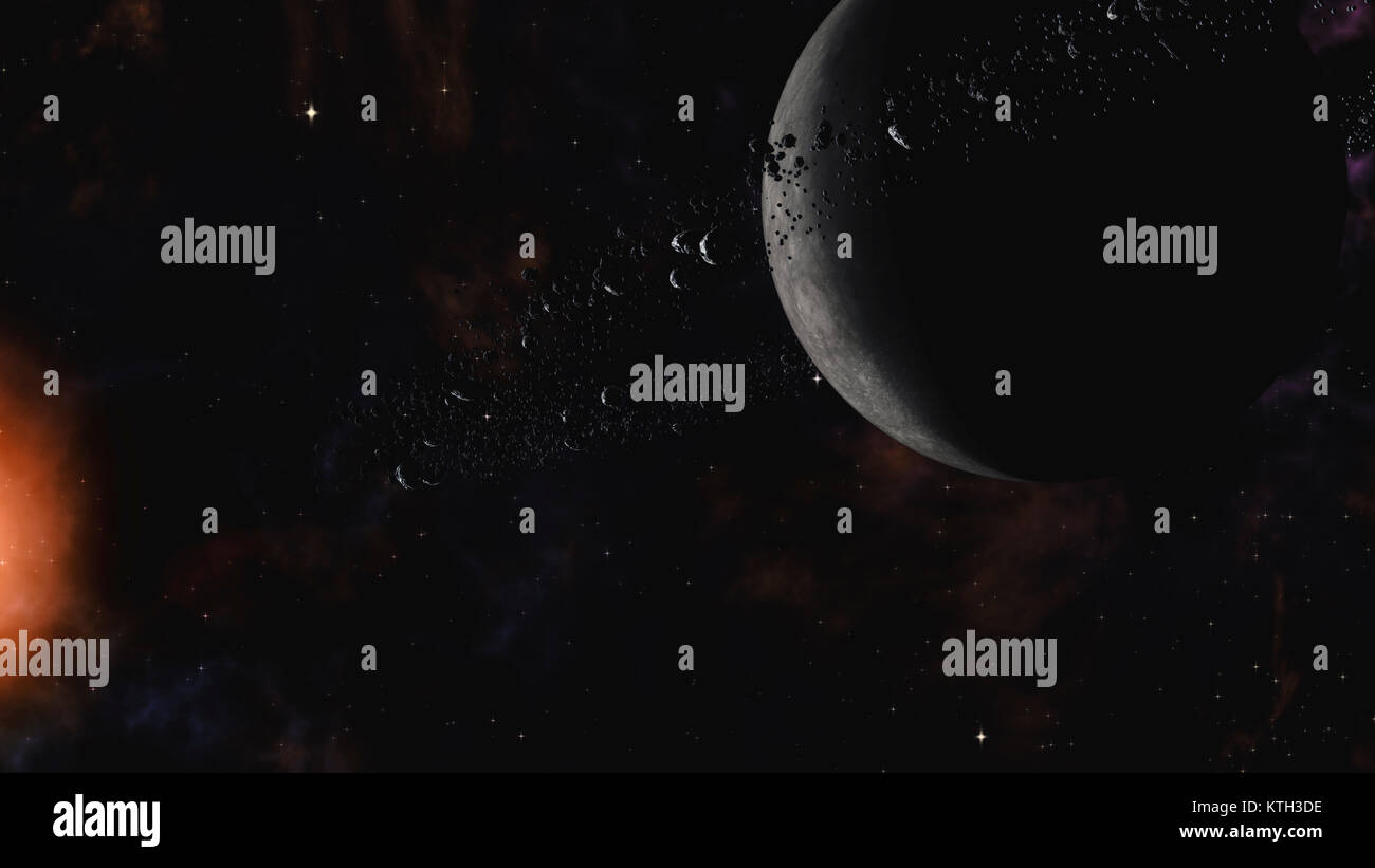 Planet with rocks and ice particles ring system orbiting Red Dwarf Star ...