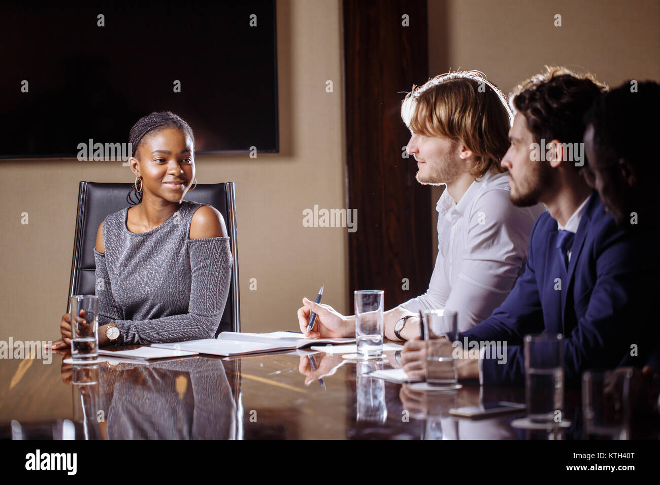Female team leader on Meeting Discussion Talking in office conference ...