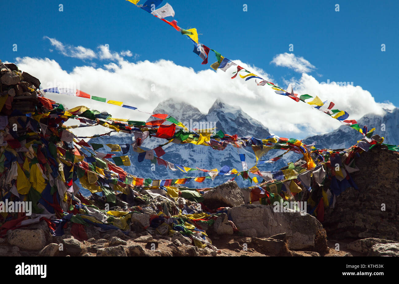 Everest peak with prayer flags hi-res stock photography and images - Alamy