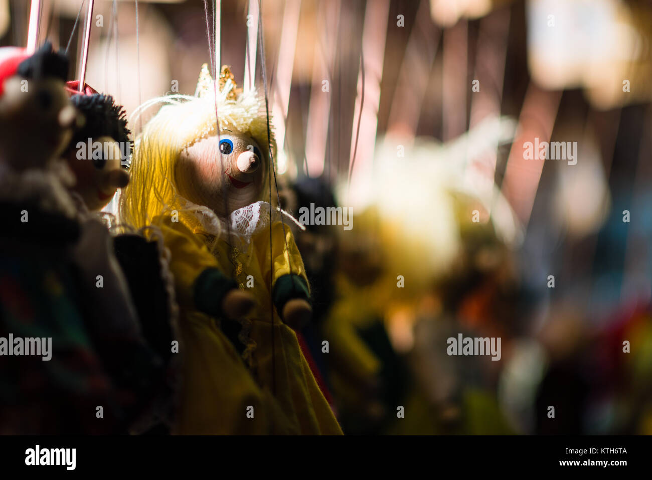 Traditional puppets made of wood on a Christmas market in Czech ...