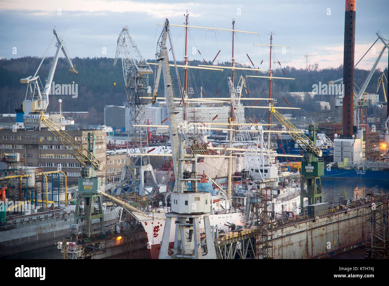 Polish sail training ship Dar Mlodziezy in dry dock in Stocznia Gdynia ...
