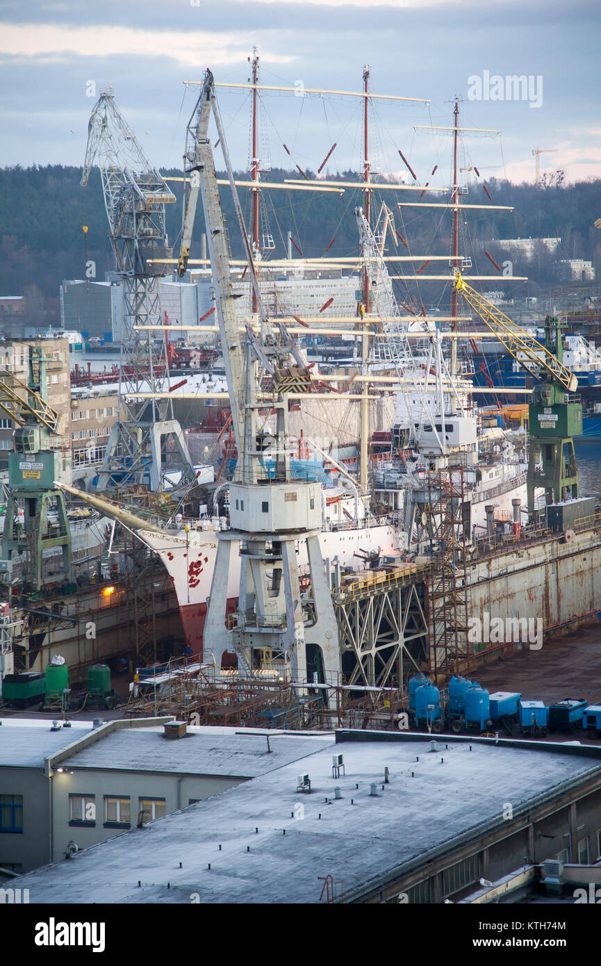 Polish sail training ship Dar Mlodziezy in dry dock in Stocznia Gdynia ...
