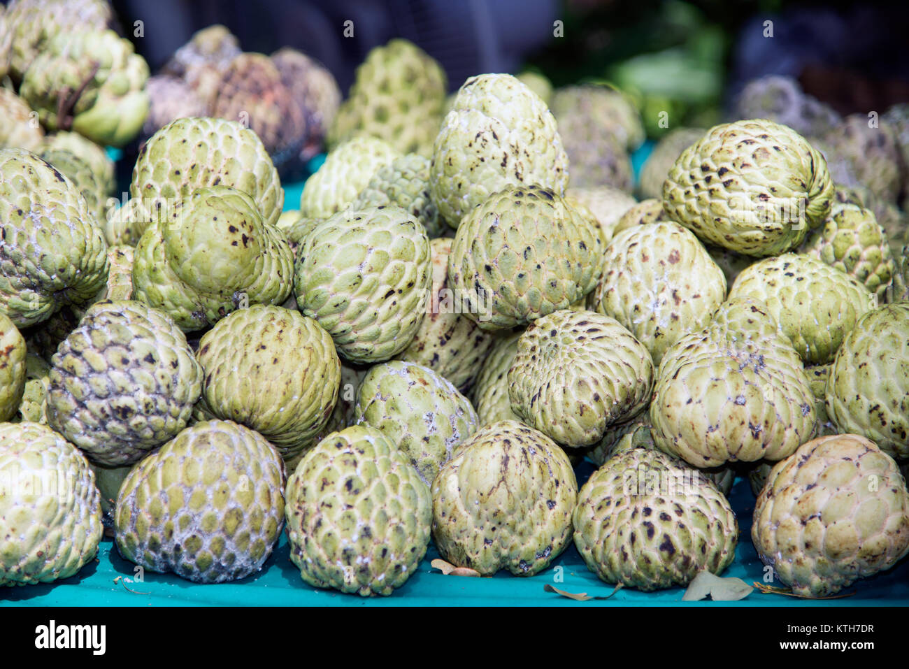 Sugar-apple fruit (Annona squamosa) on table for sell in market of the ...