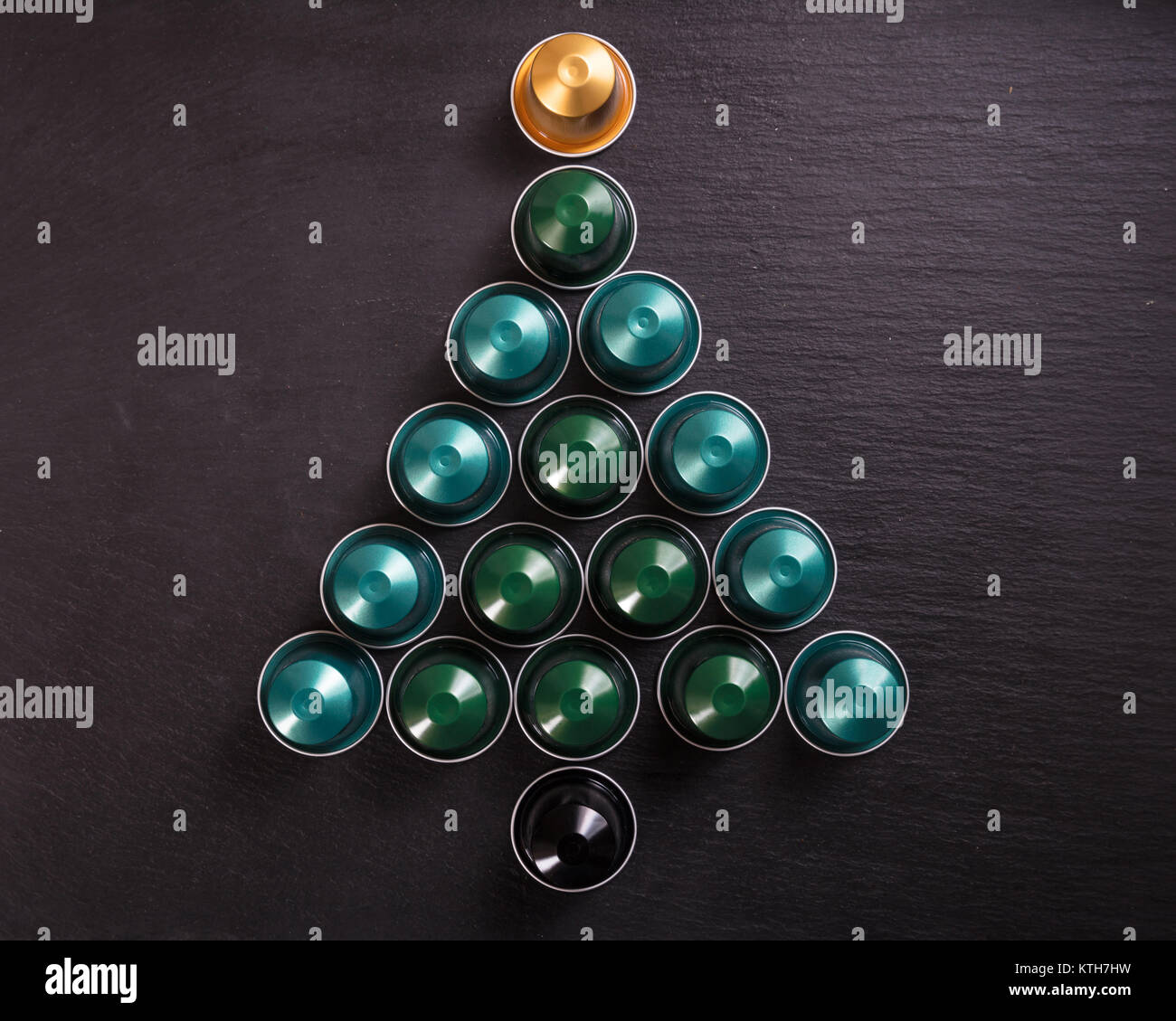 Collection of espresso coffee capsules forming a christmas tree ...