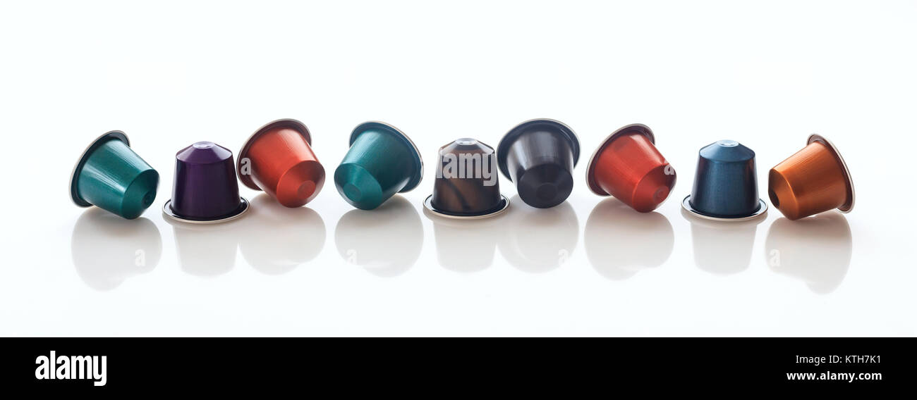 Collection of espresso coffee capsules isolated on white background ...