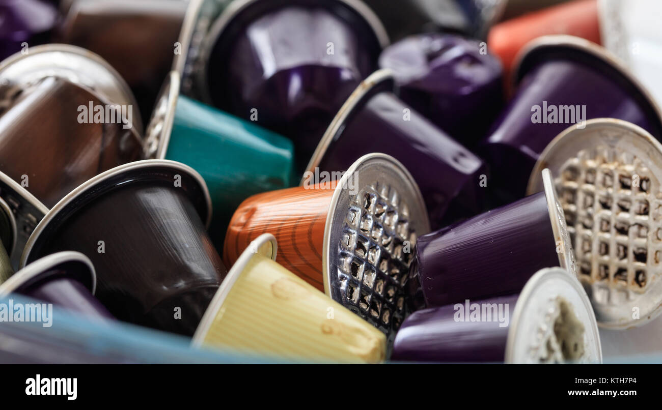 Colorful used coffee capsules background. Closeup view with details ...