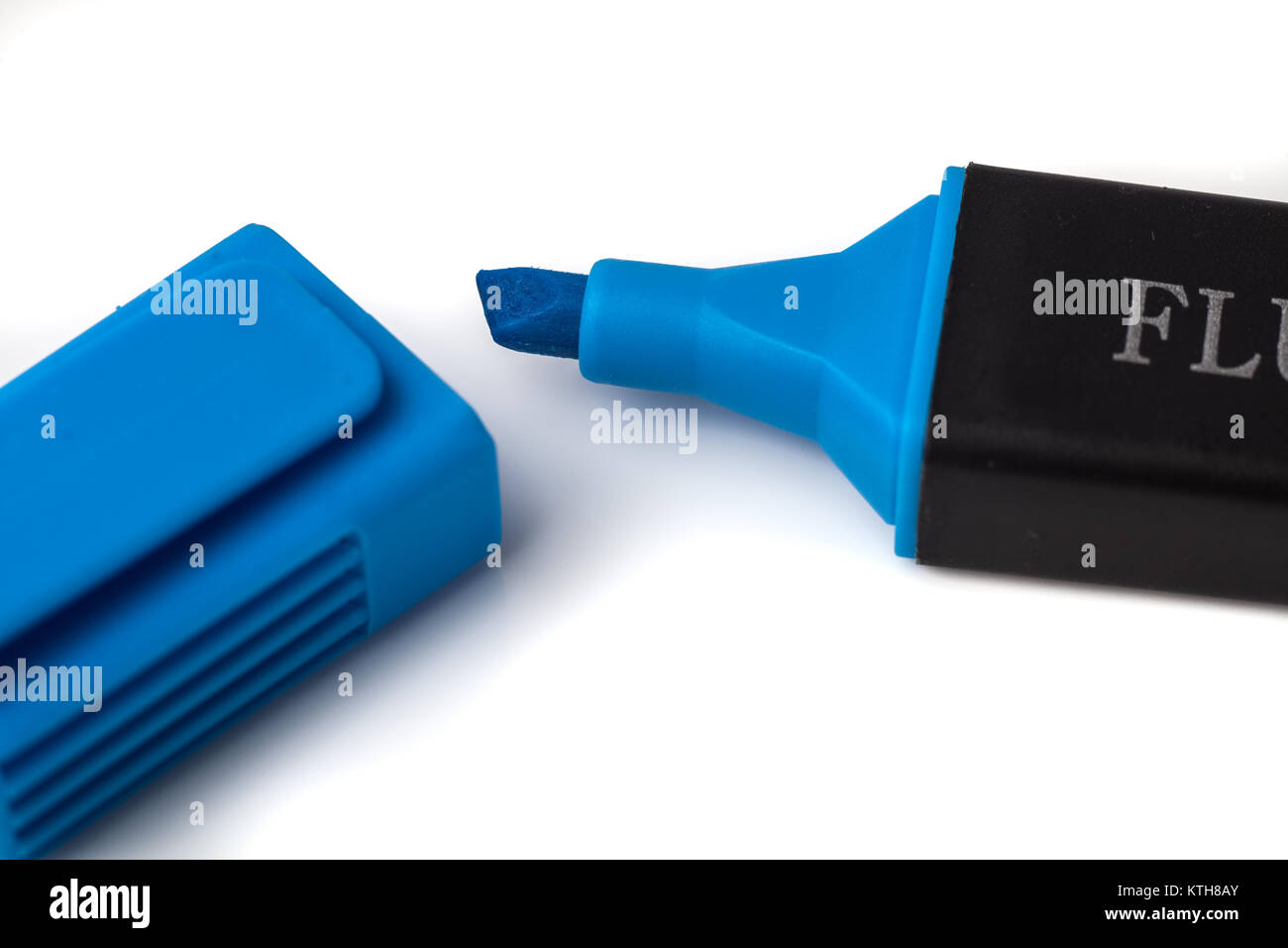 Blue Highlighter Pen and Matching Lid on White Background Stock Photo ...