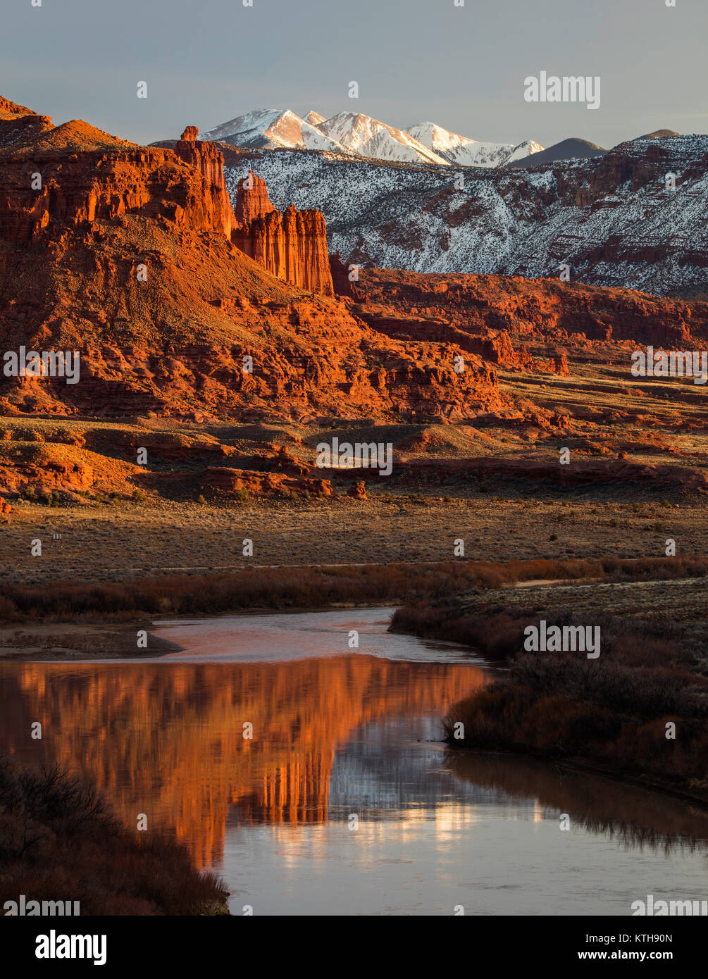 Fisher Towers reflection in the Colorado River, Moab, Utah Stock Photo ...