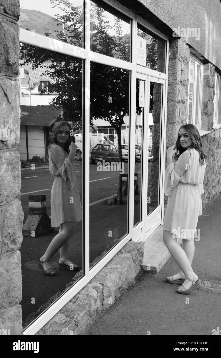 girl and reflection in the glass Stock Photo - Alamy