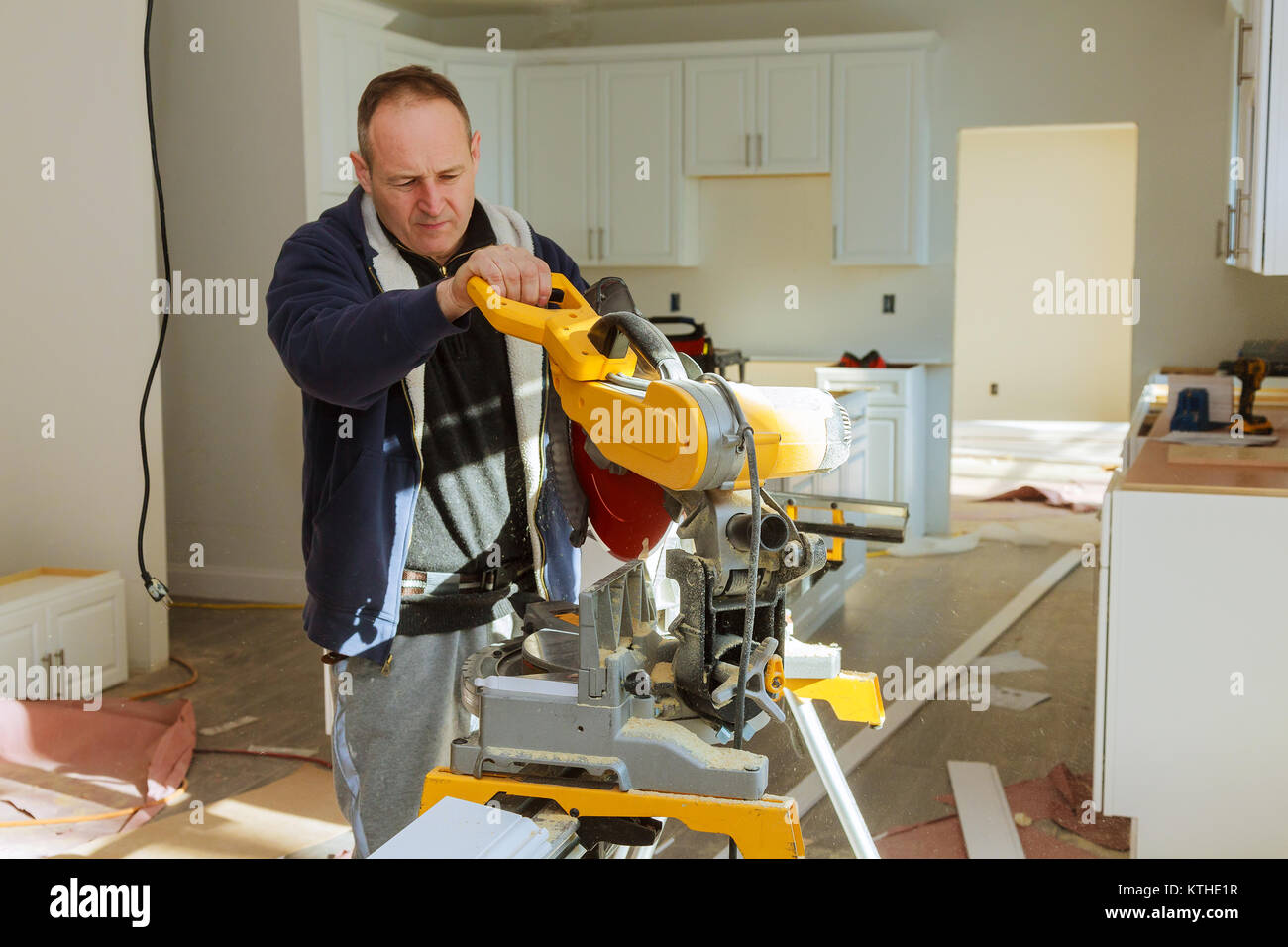 Carpenter tools on wooden table with sawdust. Carpenter workplace top ...