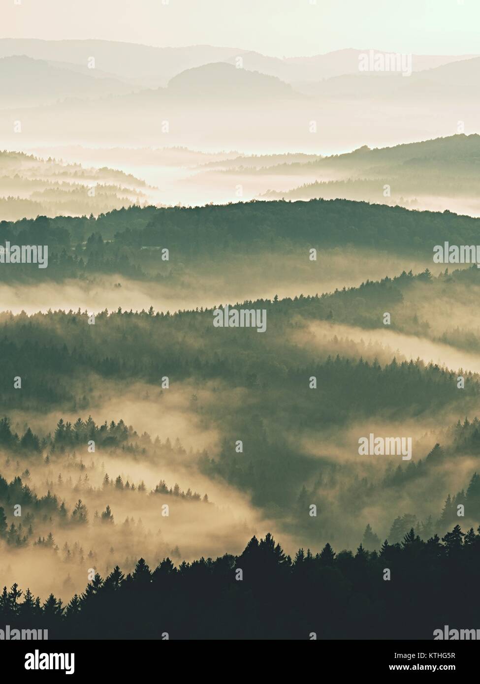 Magnificent heavy mist in landscape. Autumn creamy fog in landscape ...