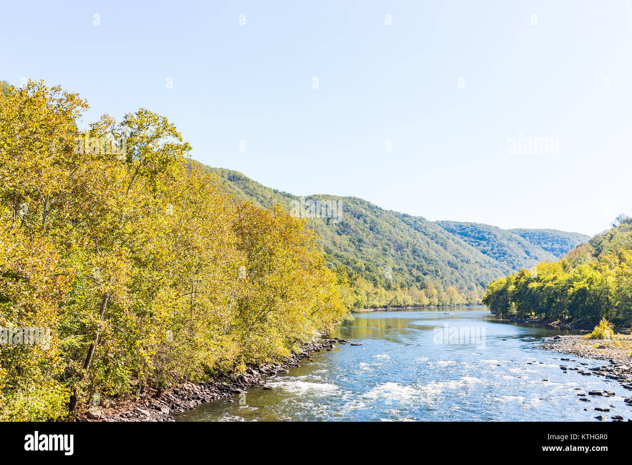 New River Gorge wide canyon water aerial view overlook during autumn ...
