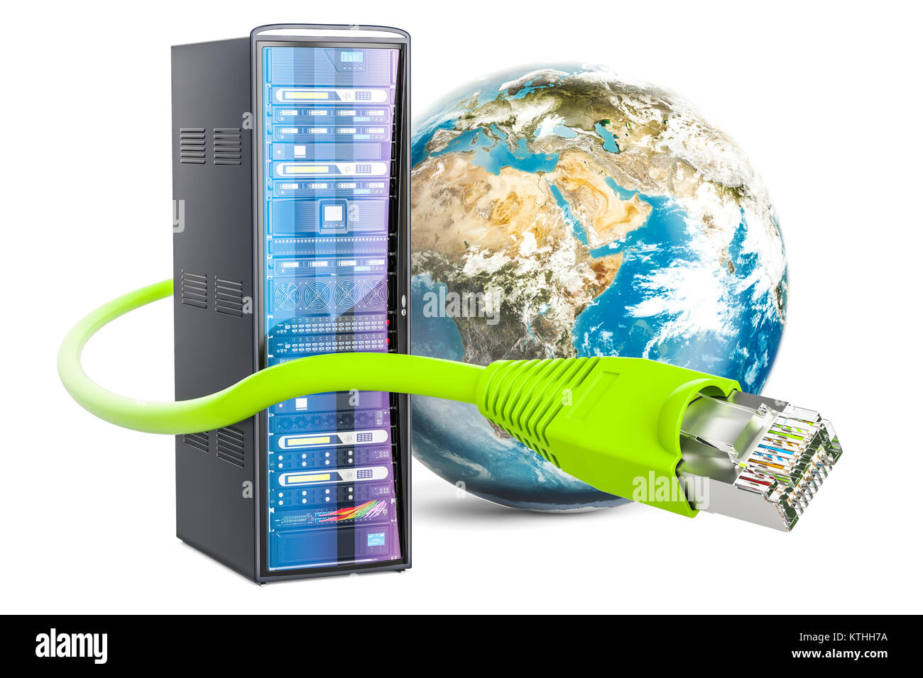 Server rack and lan internet cable with Earth Globe. Global internet ...