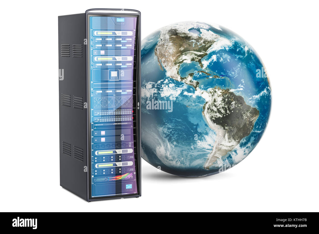 Server Rack with Earth Globe. Global internet concept, 3D rendering ...