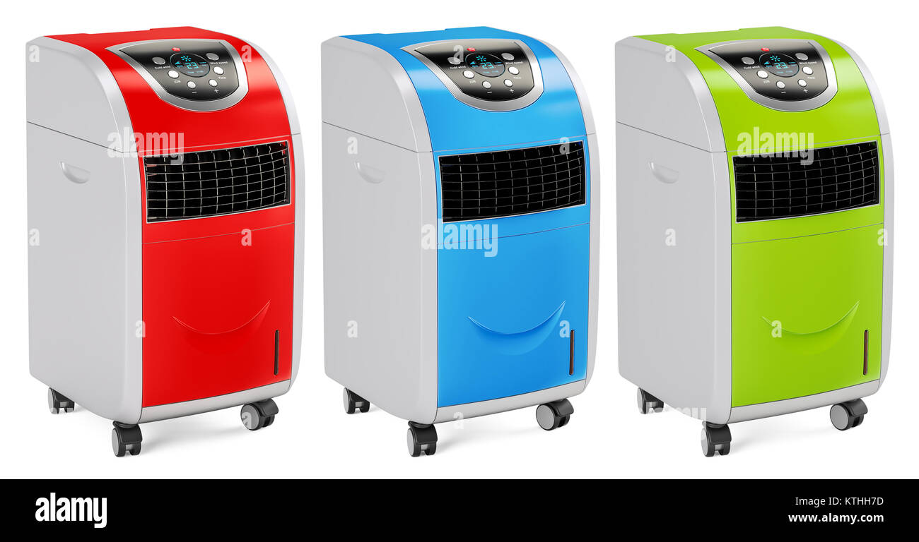Set of colored portable air conditioners, 3D rendering isolated on ...