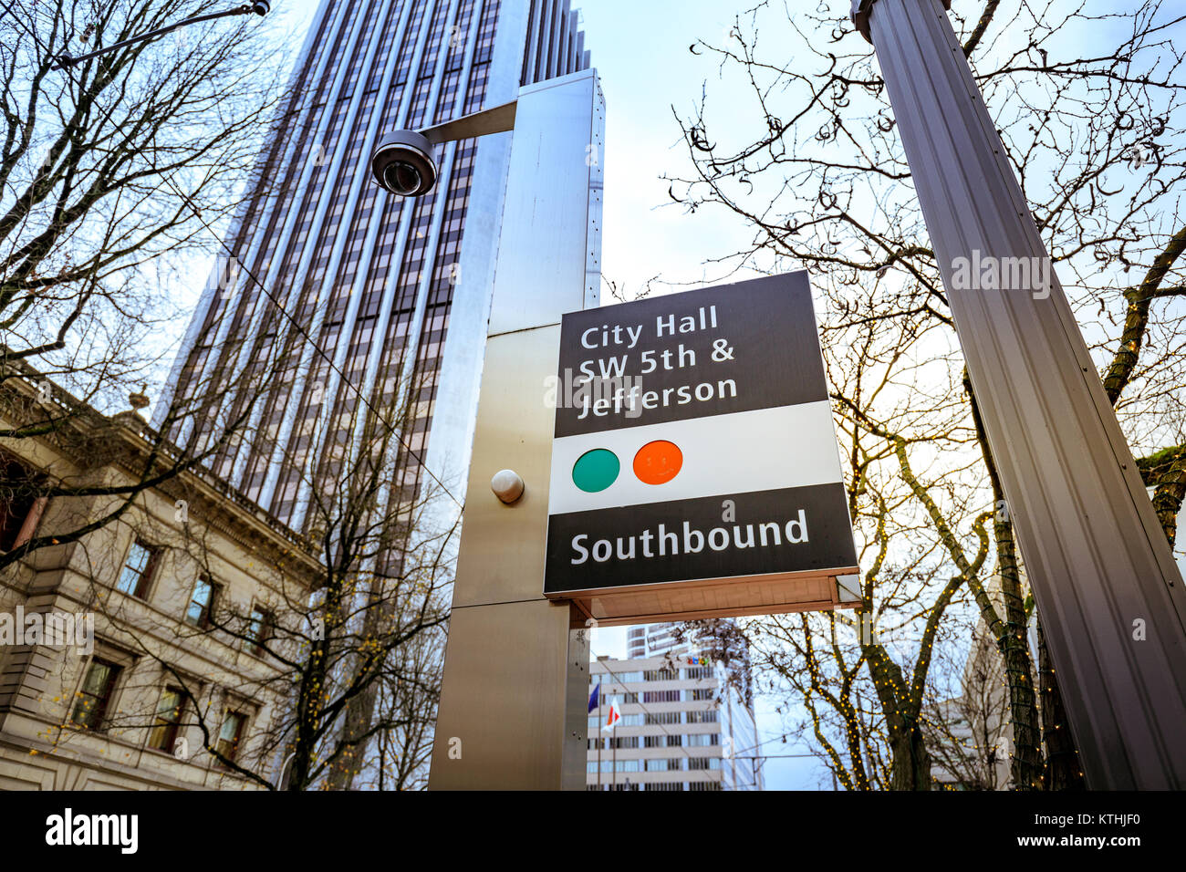 Portland, Oregon, United States - Dec 19, 2017: Bus station sign, City ...