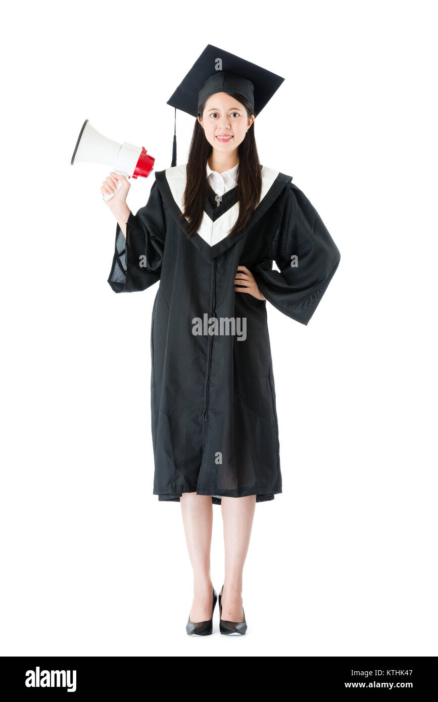 confidence smiling female college graduate student holding megaphone ...
