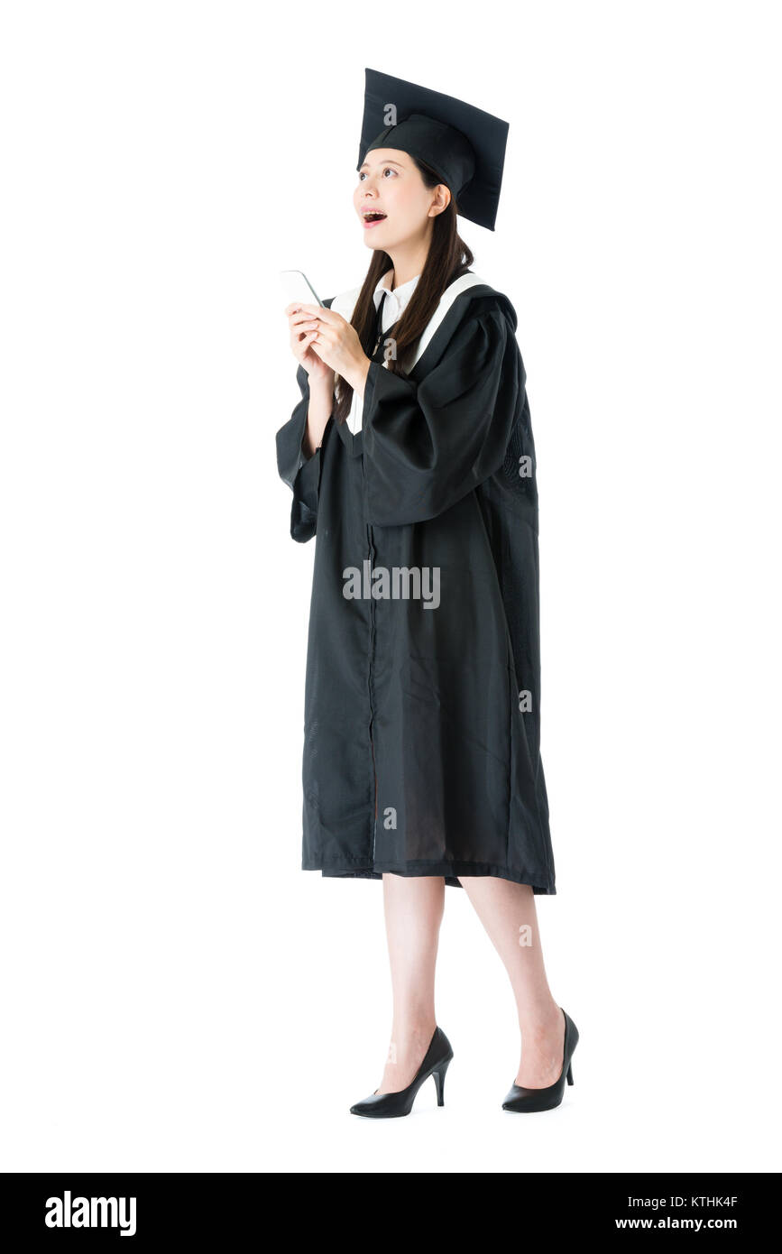 happy cheerful female university student graduate walking on white ...