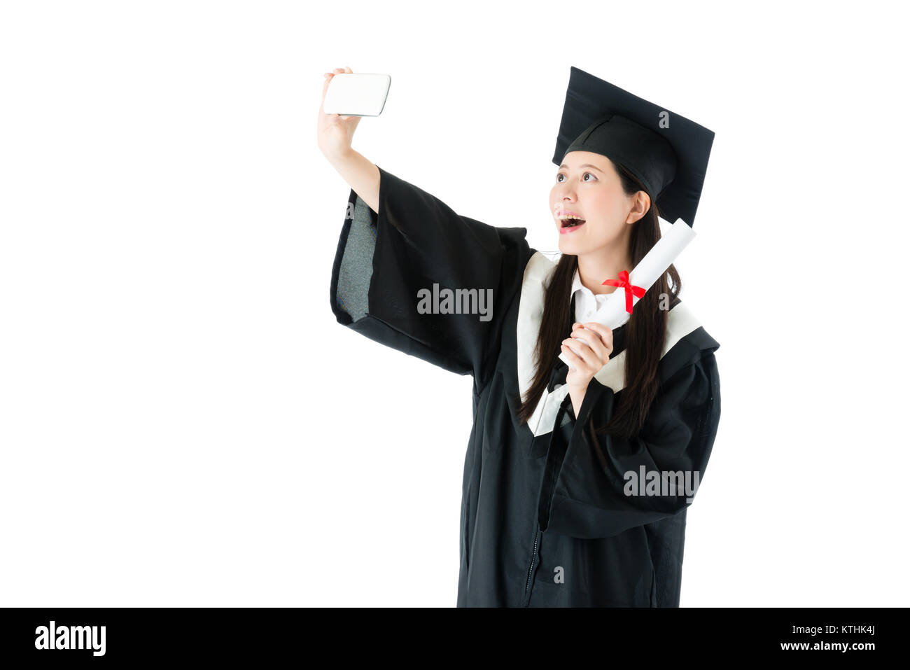 smiling beauty girl student getting diploma certificate and wearing ...