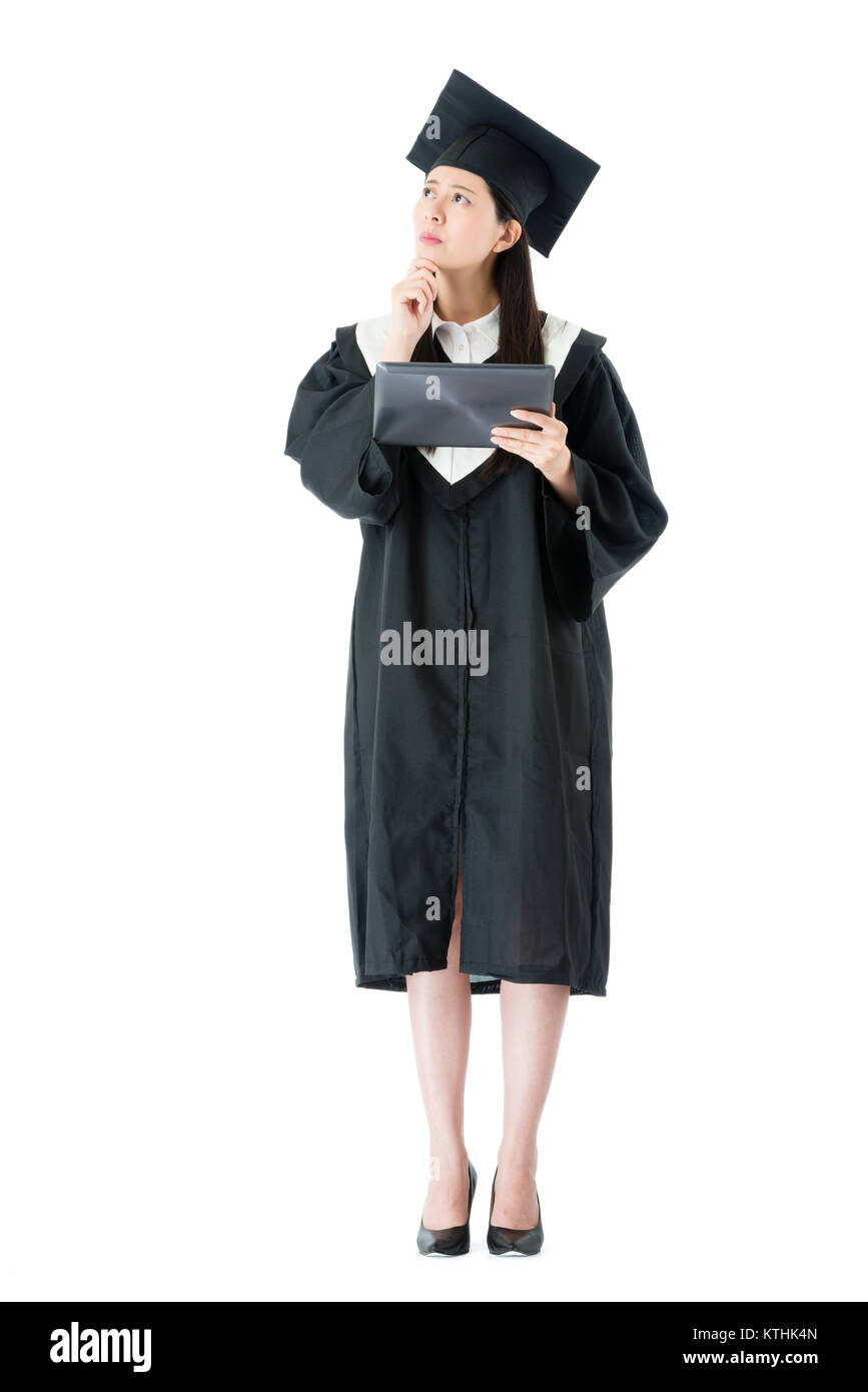 beautiful lovely student girl graduating from college standing on white ...