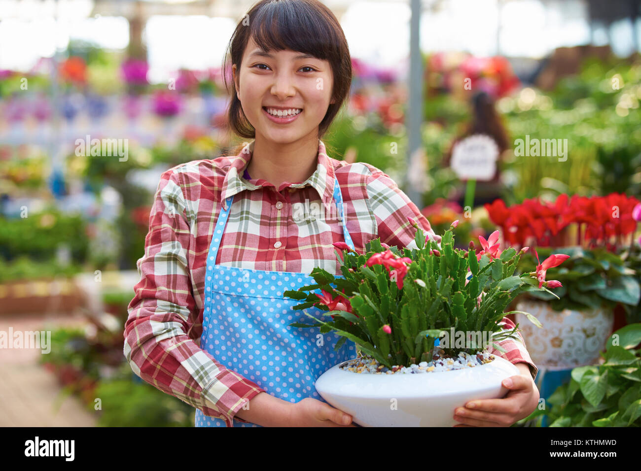 One Beautiful Chinese Woman Working in the Florist's Smile at Camera ...