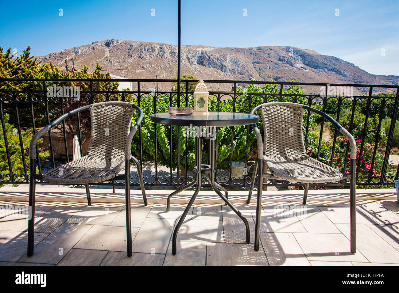 Balcony with beautiful view in Kalymnos Island, Greece Stock Photo - Alamy