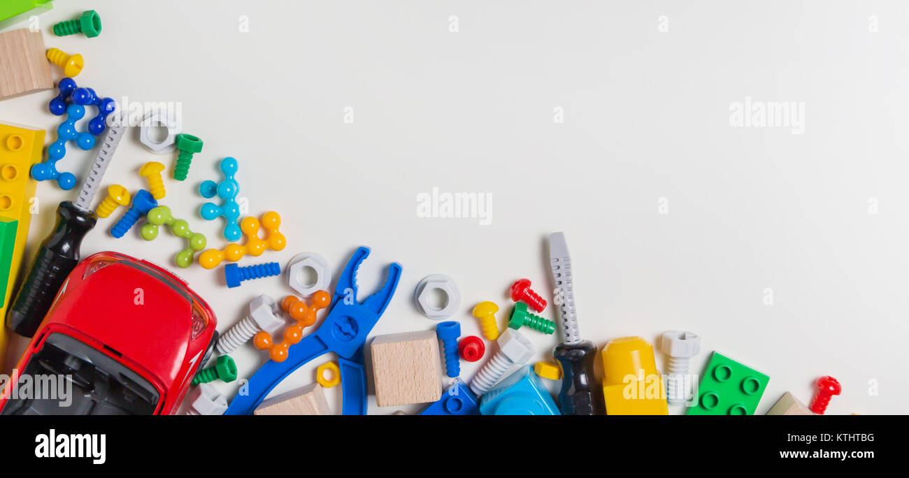 Kids toys banner background. Toy tools, bolts, nuts, car, construction ...