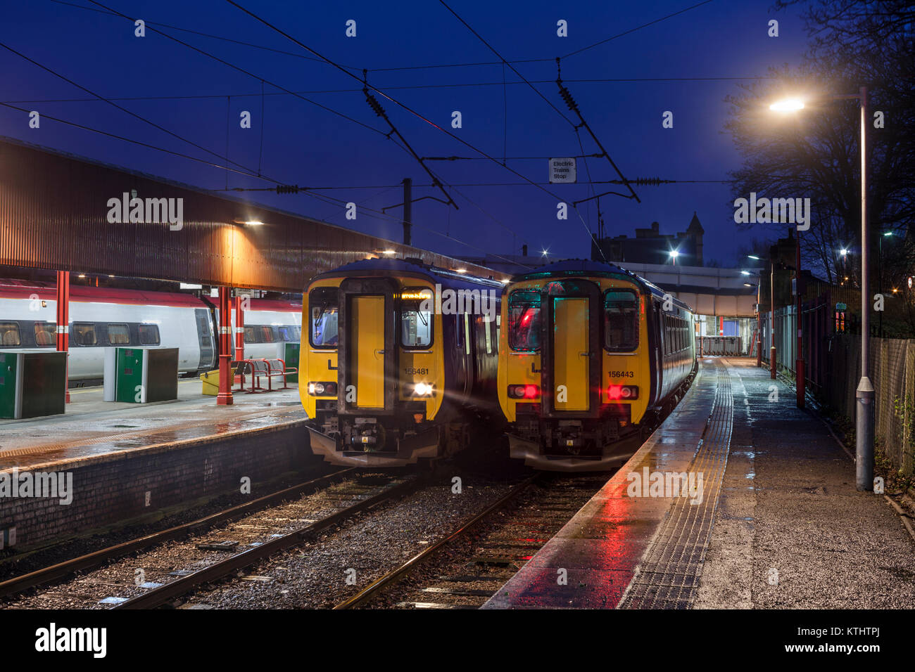 2 Arriva Northern rail class 156 sprinter trains at Lancaster station ...