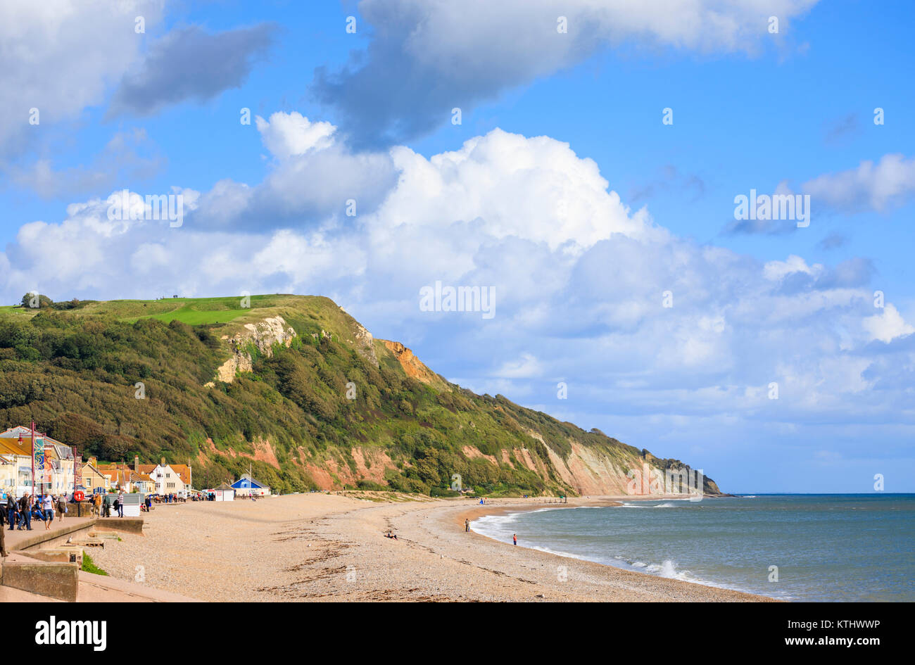 Colourful ochre and yellow cliffs along the shingle beach and coast at ...