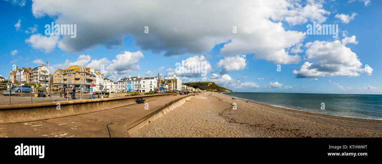 Panoramic view of the beach, shoreline and promenade in Seaton, Devon ...