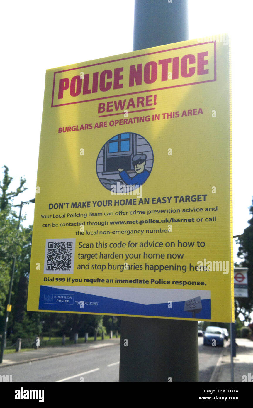 Beware of burglars. Police notice L.B. of Barnet 30 June 2013 Stock ...