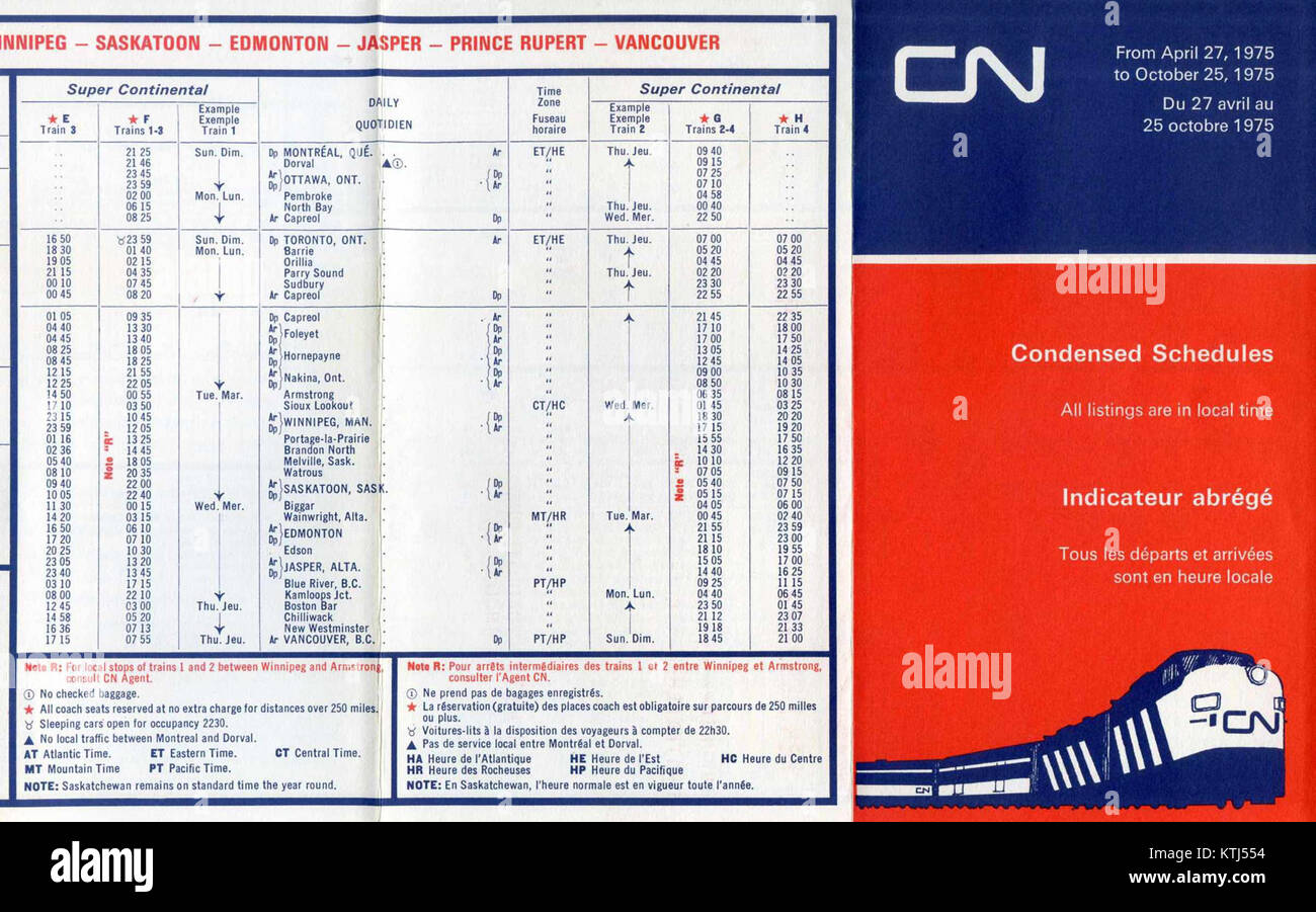 The Canadian National timetable from April 27, 1975, provides detailed ...