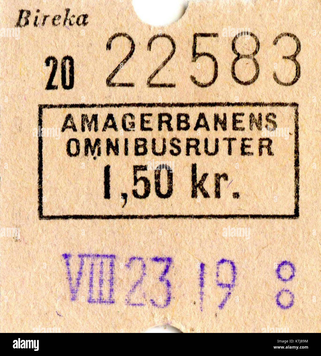 A bus ticket numbered 22583 from Copenhagen, Denmark, representing the ...