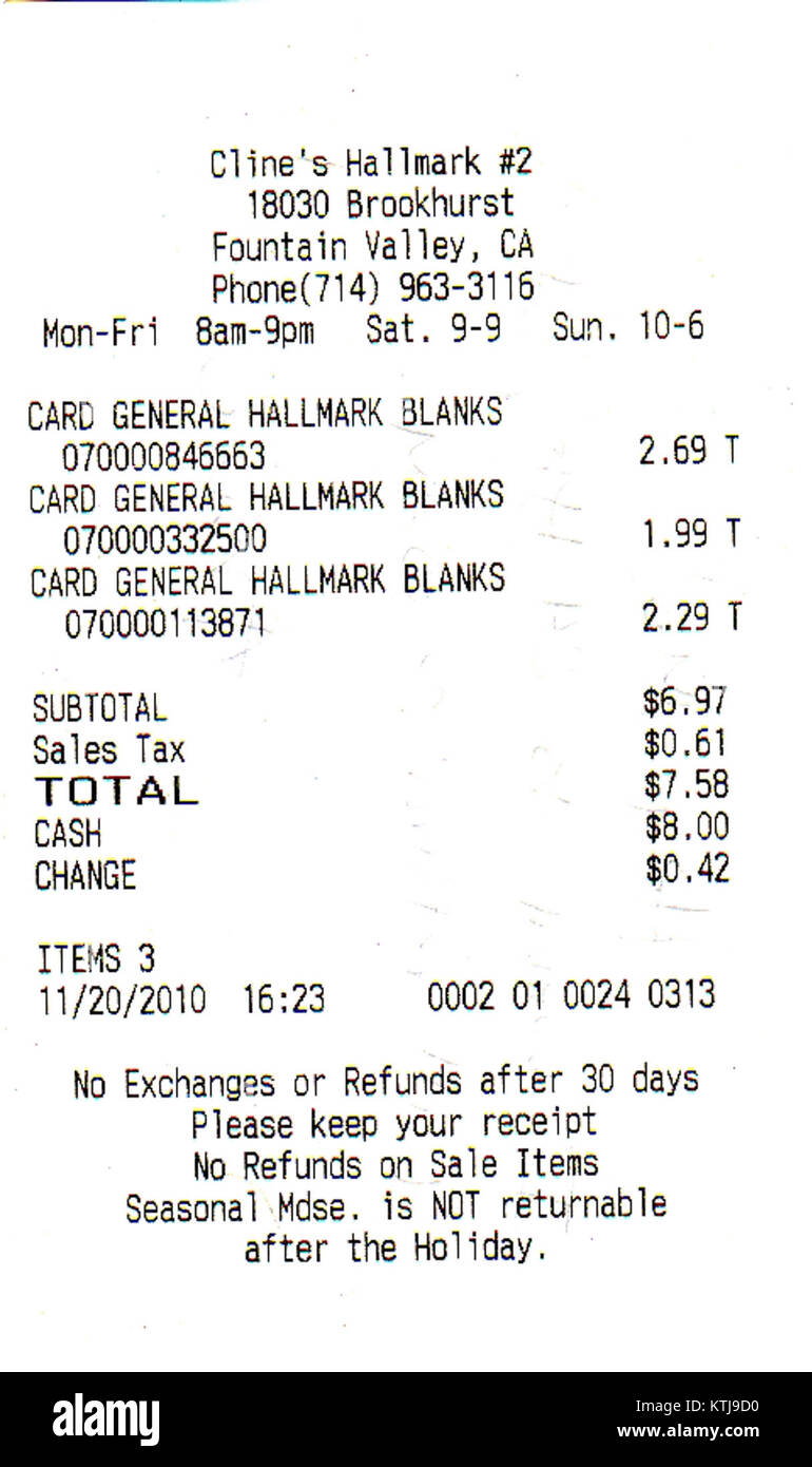 Cline's Hallmark receipt from November 20, 2010, details a transaction ...