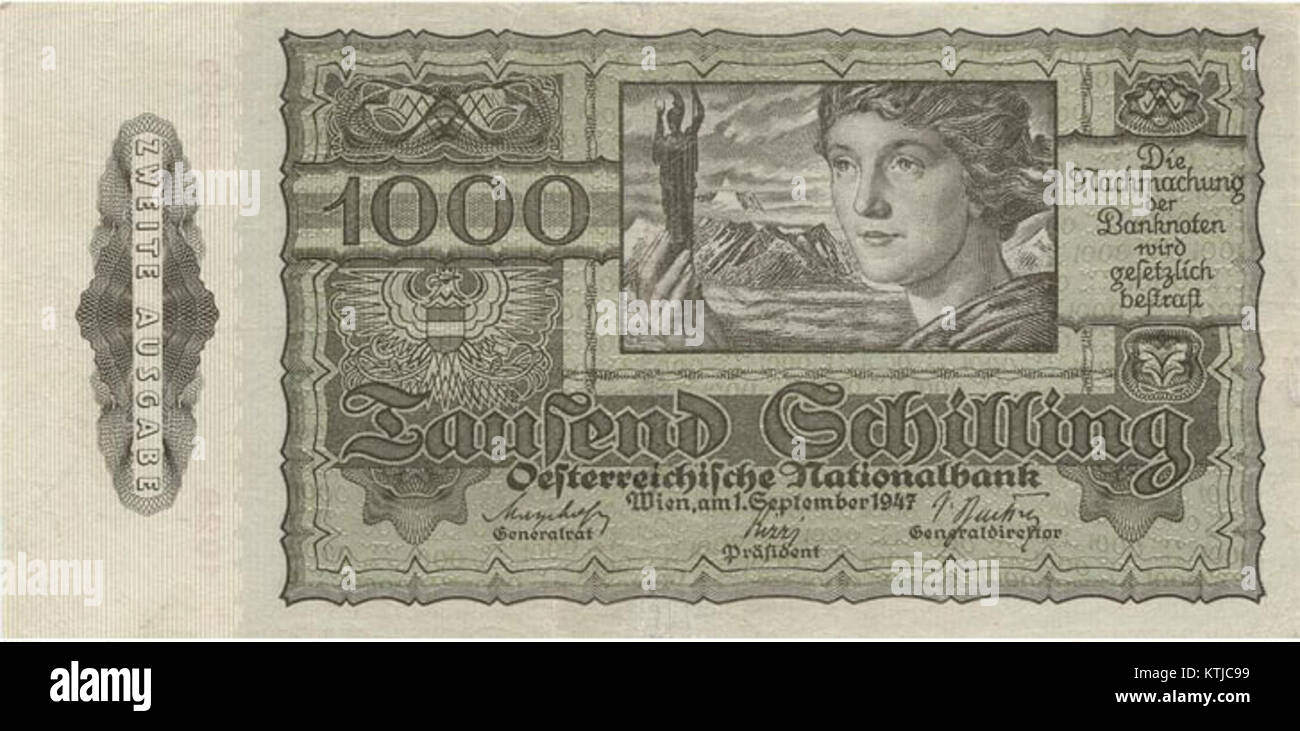 The 1000 Schilling note from Austria, issued in 1947, is an example of ...