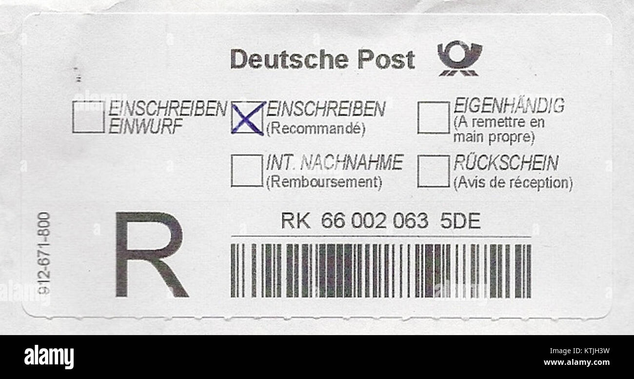 The Einschreiben (registered mail) label from Deutsche Post, issued in ...