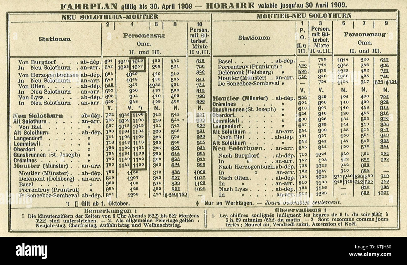A historical railway timetable, likely related to a German or European ...