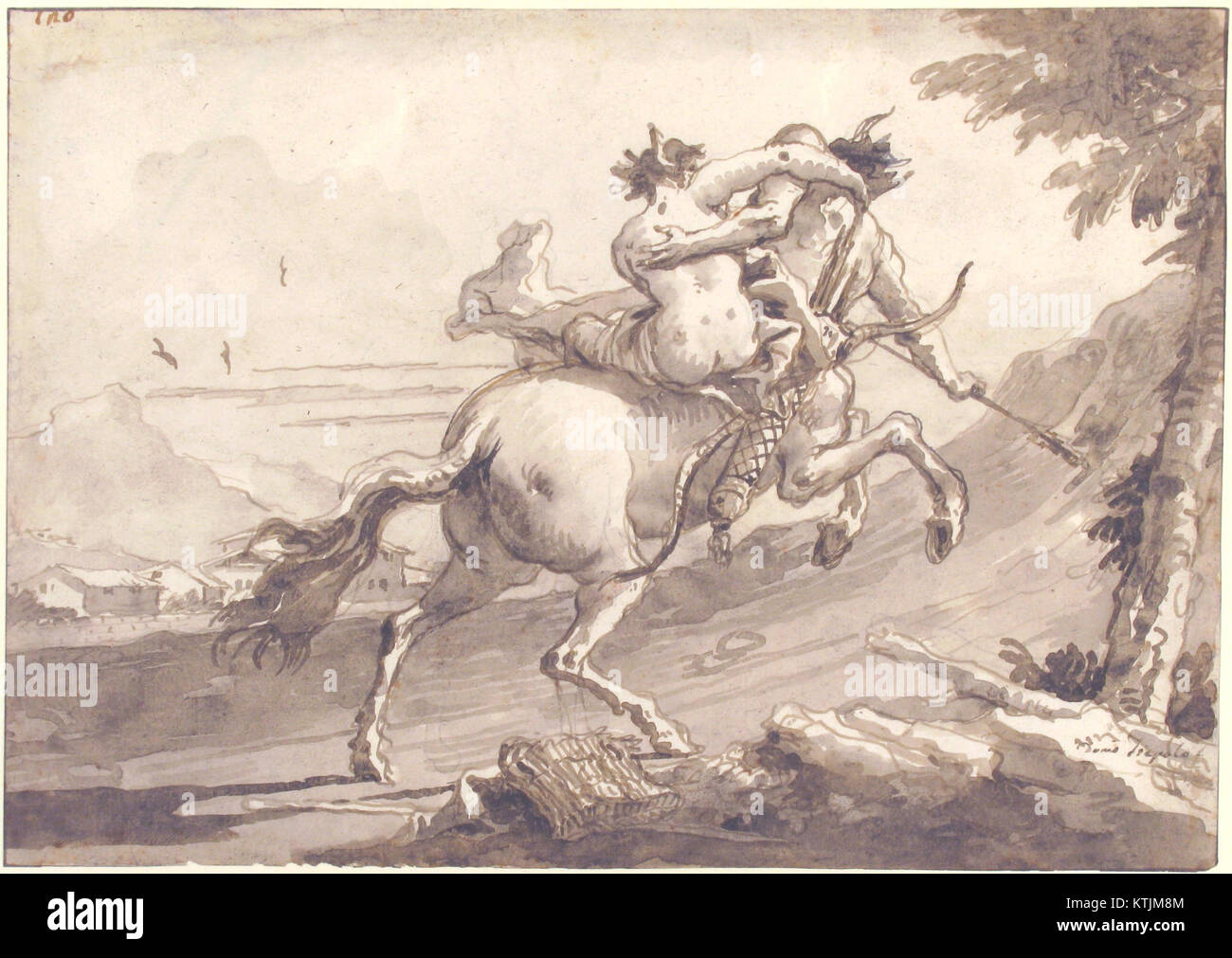 This artwork depicts a mythological scene with a centaur abducting a ...